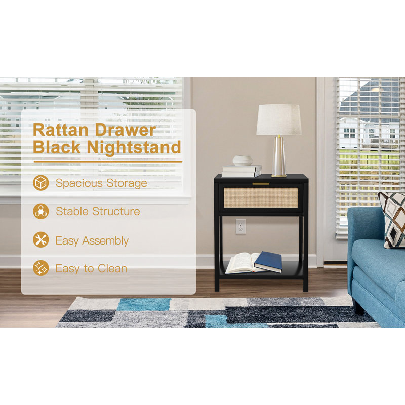 Wood Nightstand Mid Century Modern End Table with Storage Drawer Rattan Bedside Table